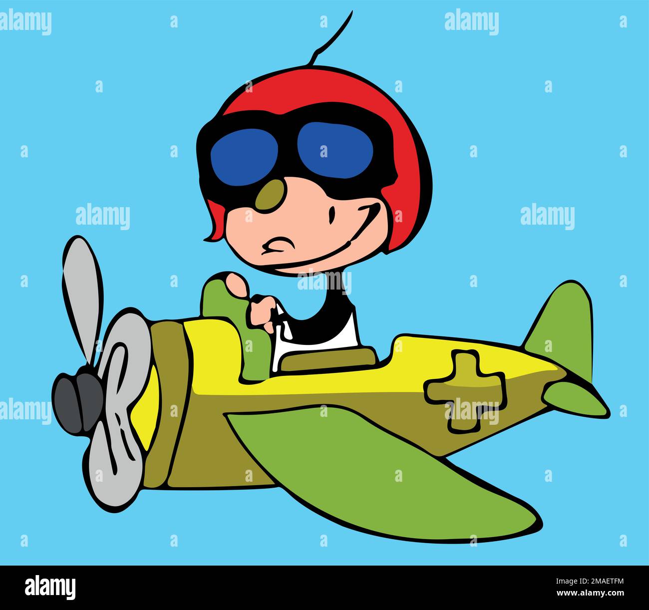 An illustration of a cartoon ACchild flying a plane isolated on a light ...
