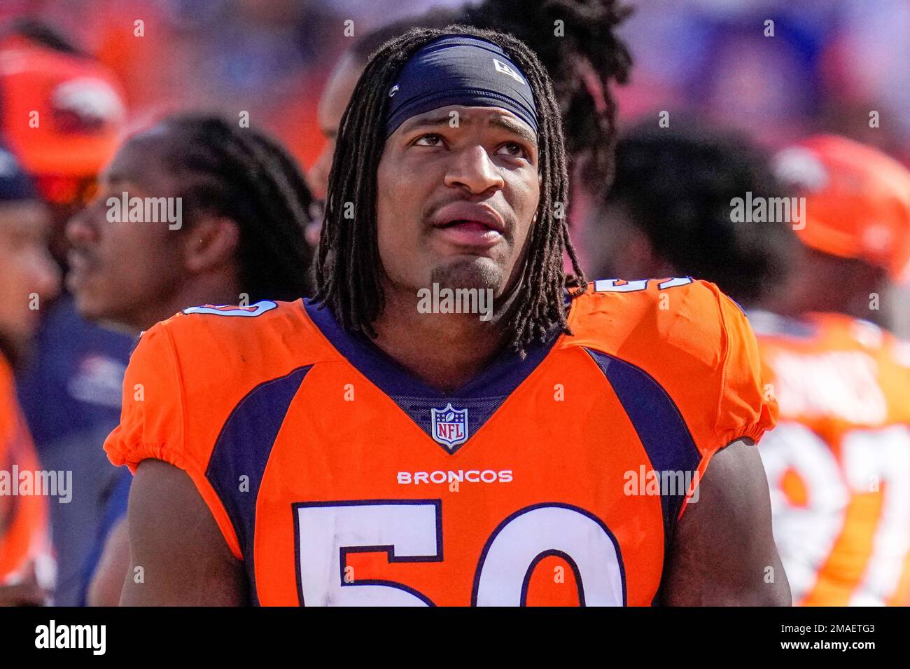 Denver Broncos linebacker Jonas Griffith (50) looks on against the ...