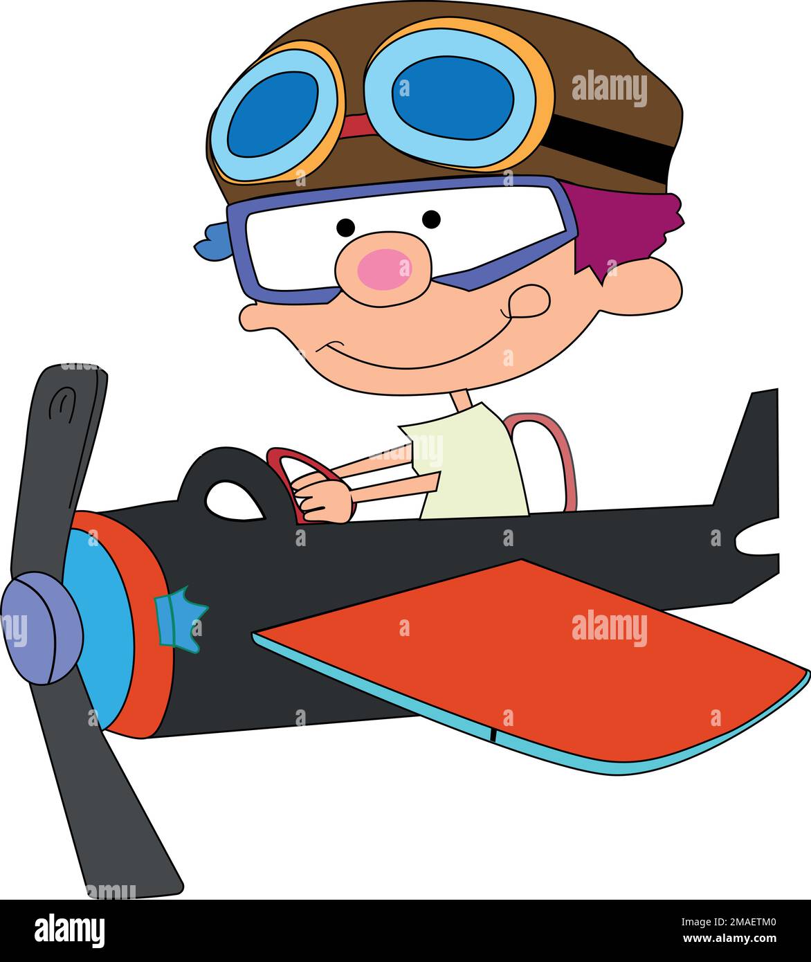 An illustration of a cartoon child flying a plane isolated on a white ...