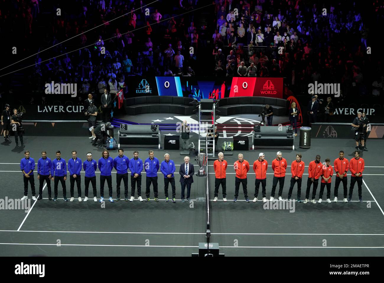 Team Europe players and Team World players line up during the opening ...
