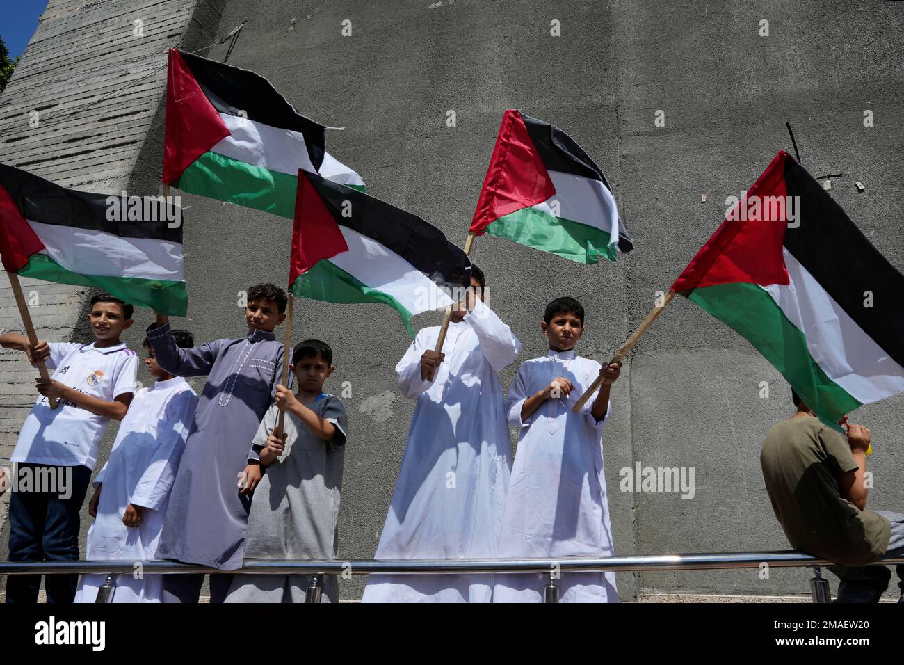 Residents wave their national flags during a rally organized by ...