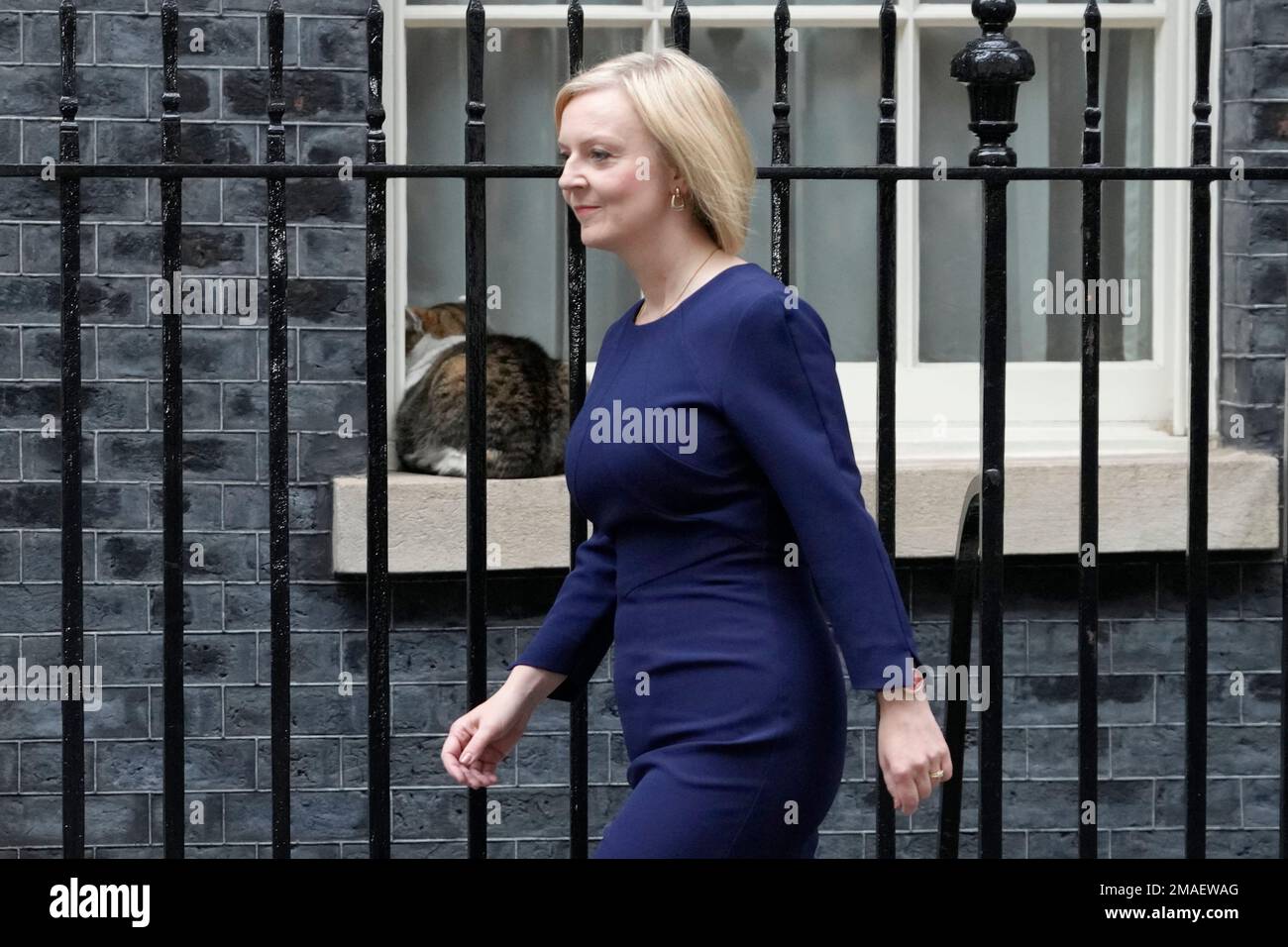 Britain's Prime Minister Liz Truss walks past Larry the Cat, Chief ...