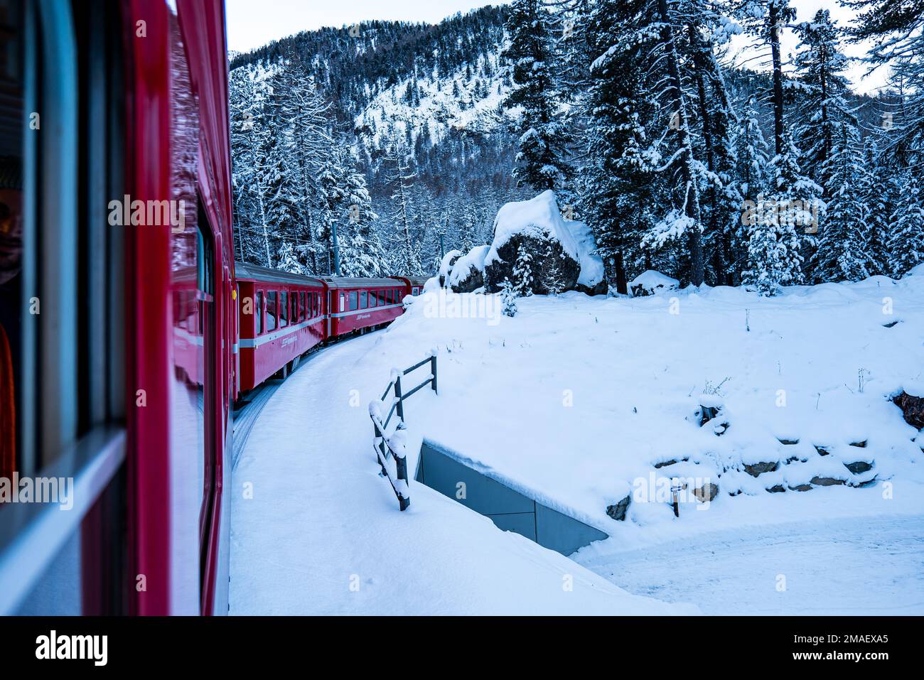 View from window of the Bernina Express train in the Alps in ...