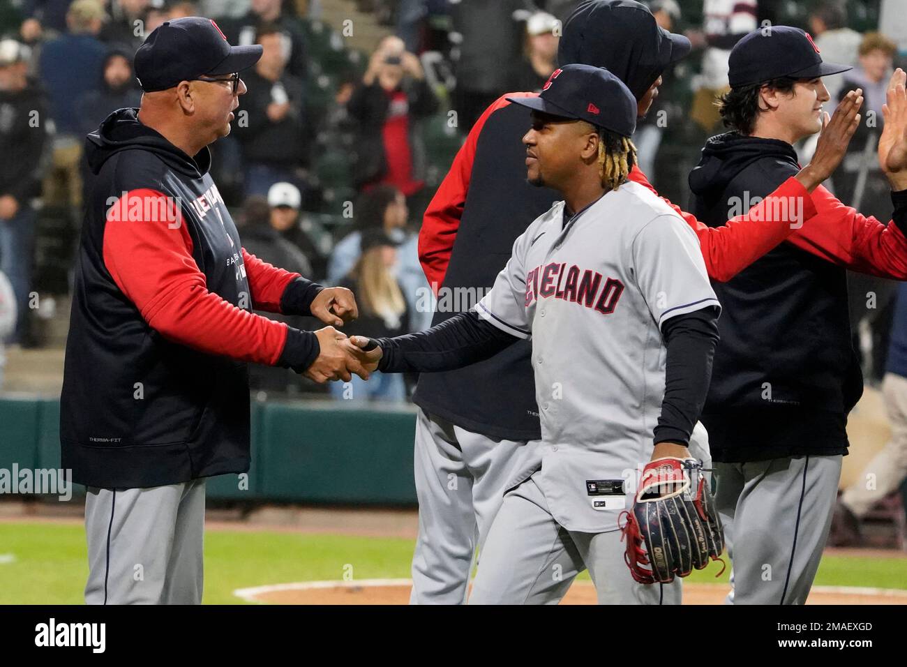 Cleveland Guardians manager Terry Francona, left, and third baseman ...