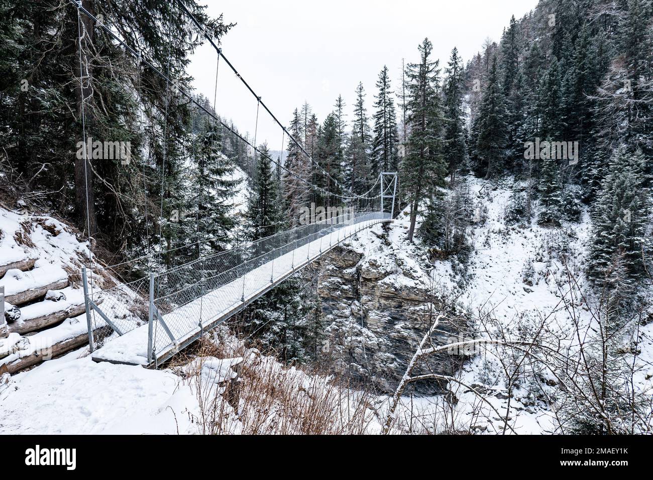 A hanging bridge over a river in a forest covered in snow during winter ...