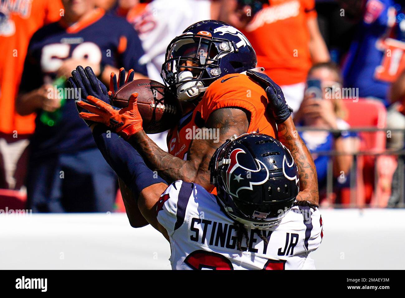 Denver Broncos wide receiver Courtland Sutton (14) is defended by Houston Texans cornerback ...