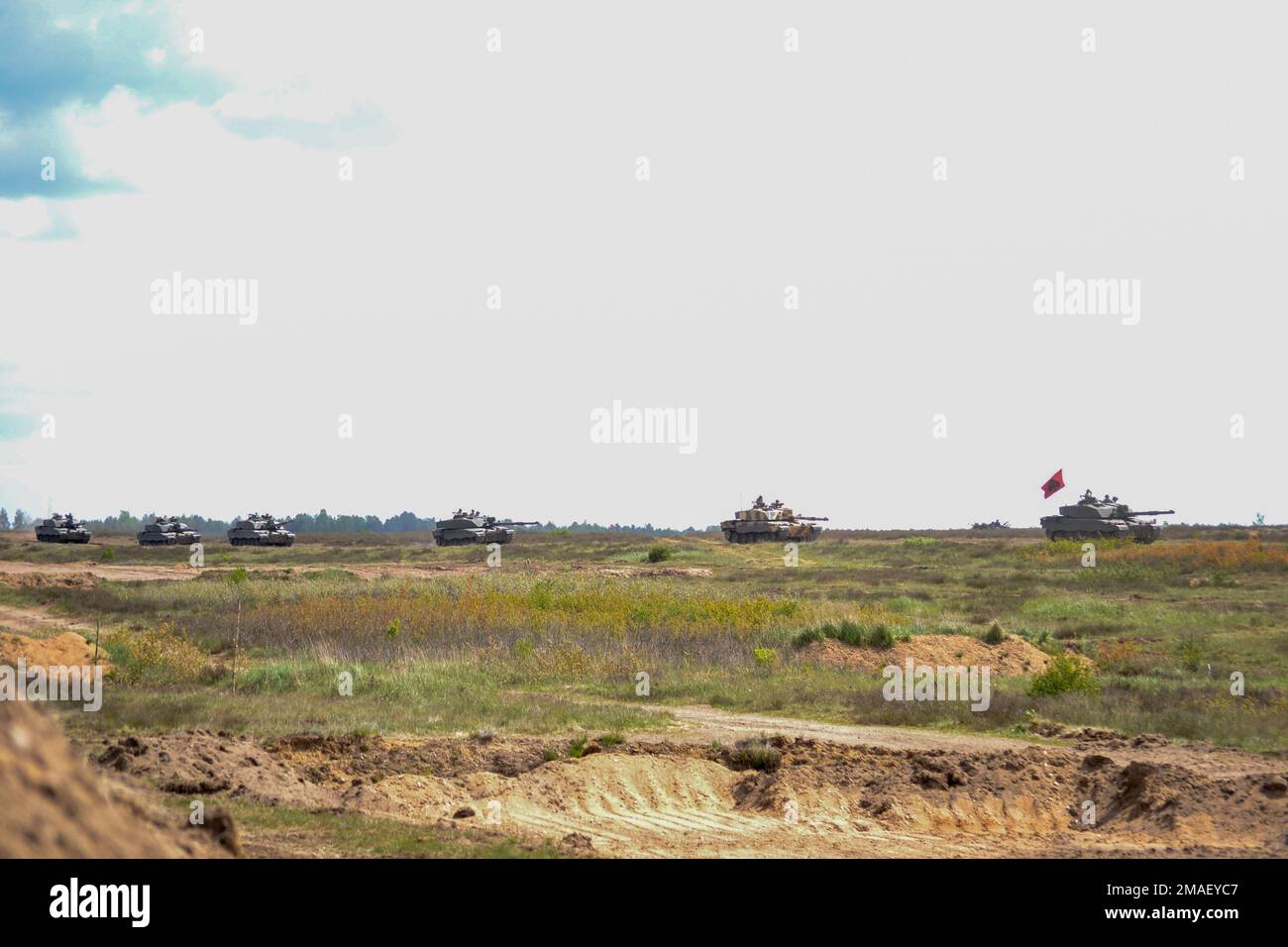 British army Challenger 2 tanks move to a staging area following a ...