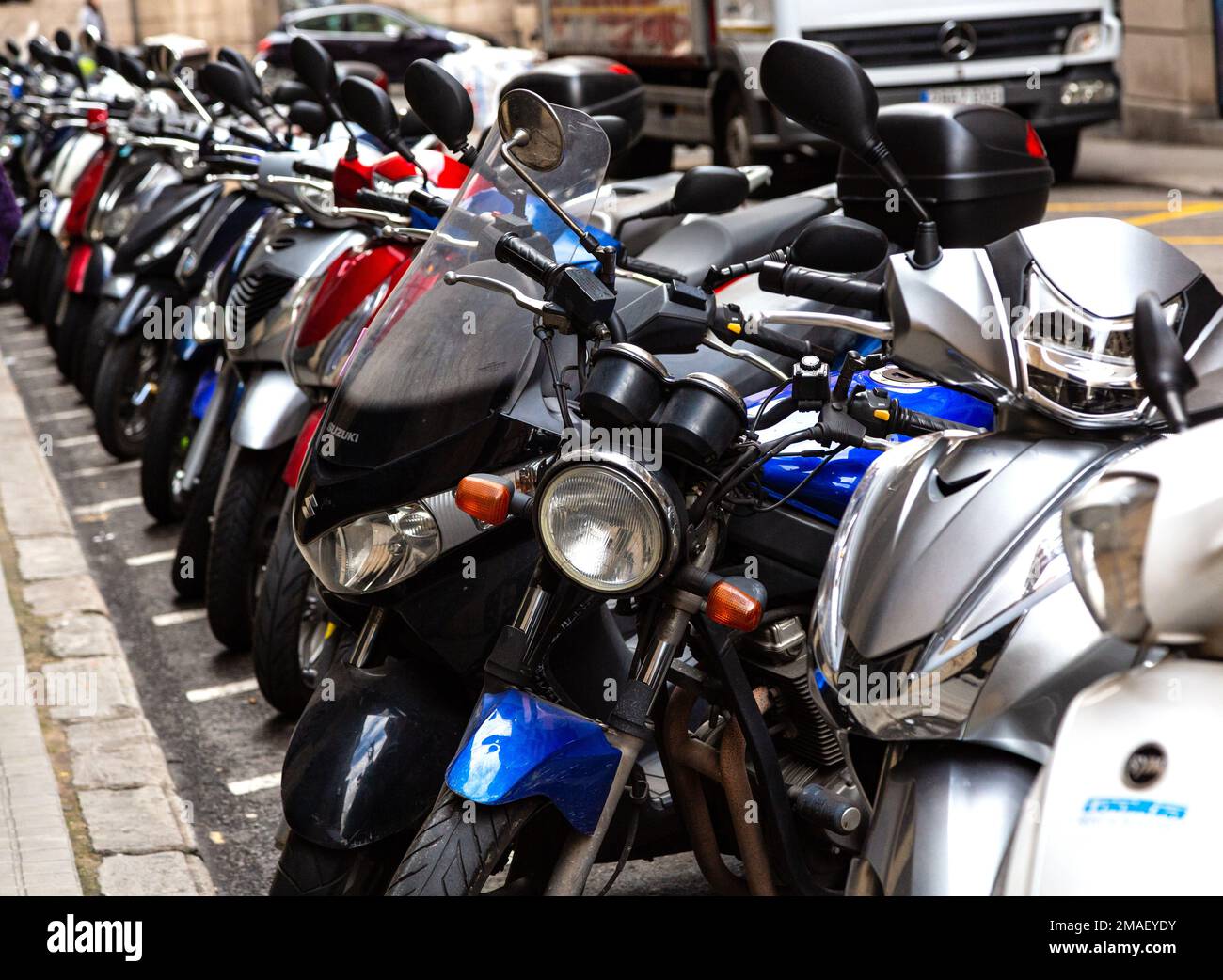 Barcelona, Spain December 14, 2018:Many motobikes on the parking ...