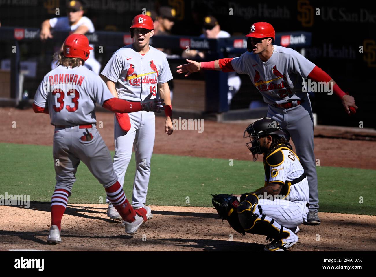 St. Louis Cardinals' Brendan Donovan, left, is congratulated by Tommy ...
