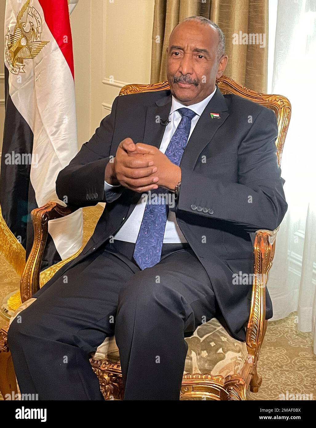 Sudan's General Abdel Fattah al-Burhan, answers questions during an ...