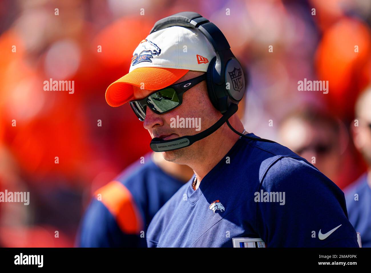 Denver Broncos head coach Nathaniel Hackett looks on against the ...