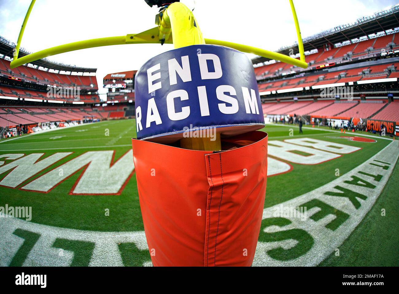 This is an End Racism goalpost at FirstEnergy Stadium before an NFL ...