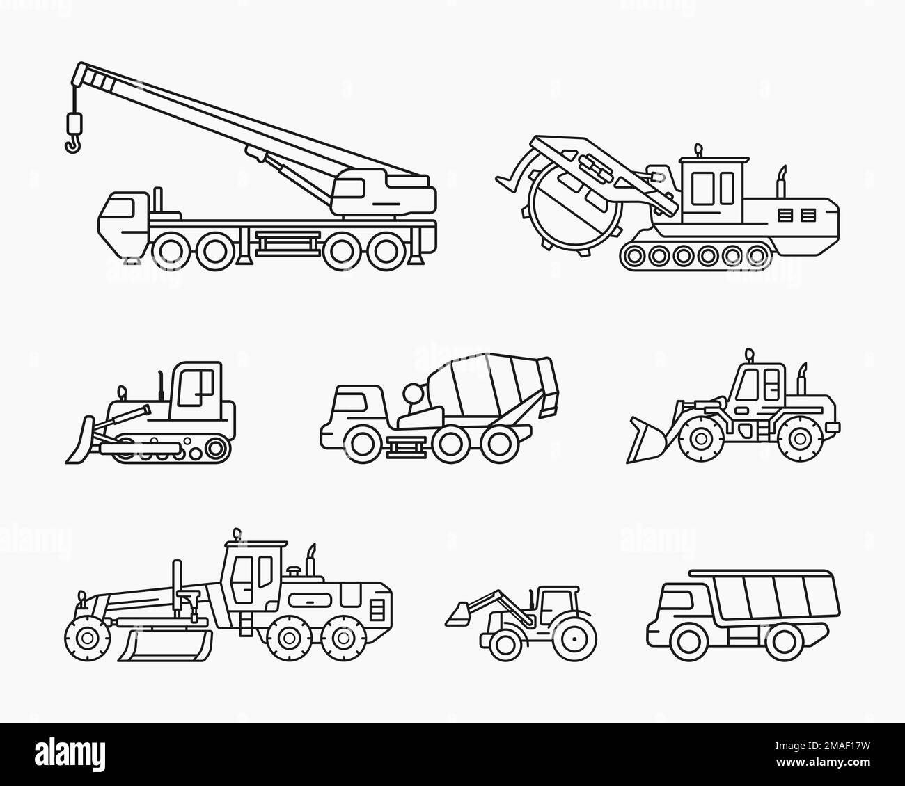 industrial construction vehicles line icon set vector flat illustration ...