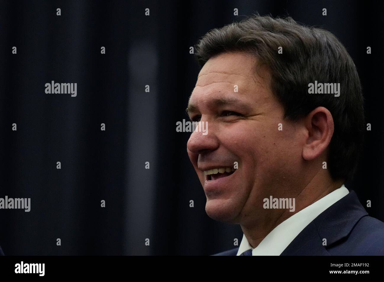 Florida Gov. Ron DeSantis smiles during a press conference, Thursday ...