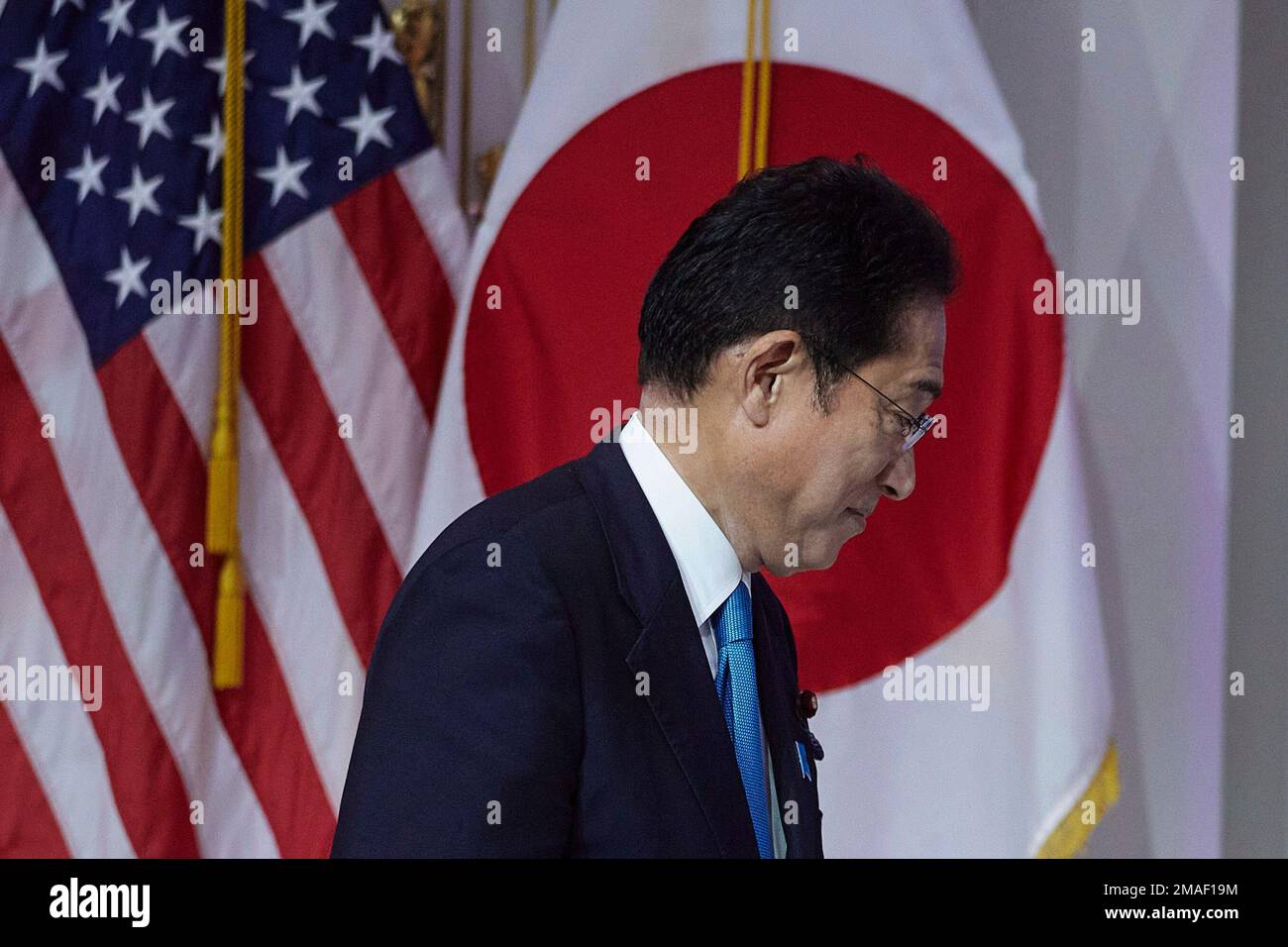 Prime Minister of Japan Fumio Kishida leaves the stage after speaking at the NYSE, Thursday ...