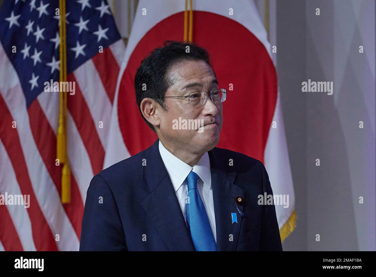 Prime Minister of Japan Fumio Kishida reacts after speaking at the NYSE, Thursday, Sept. 22 ...
