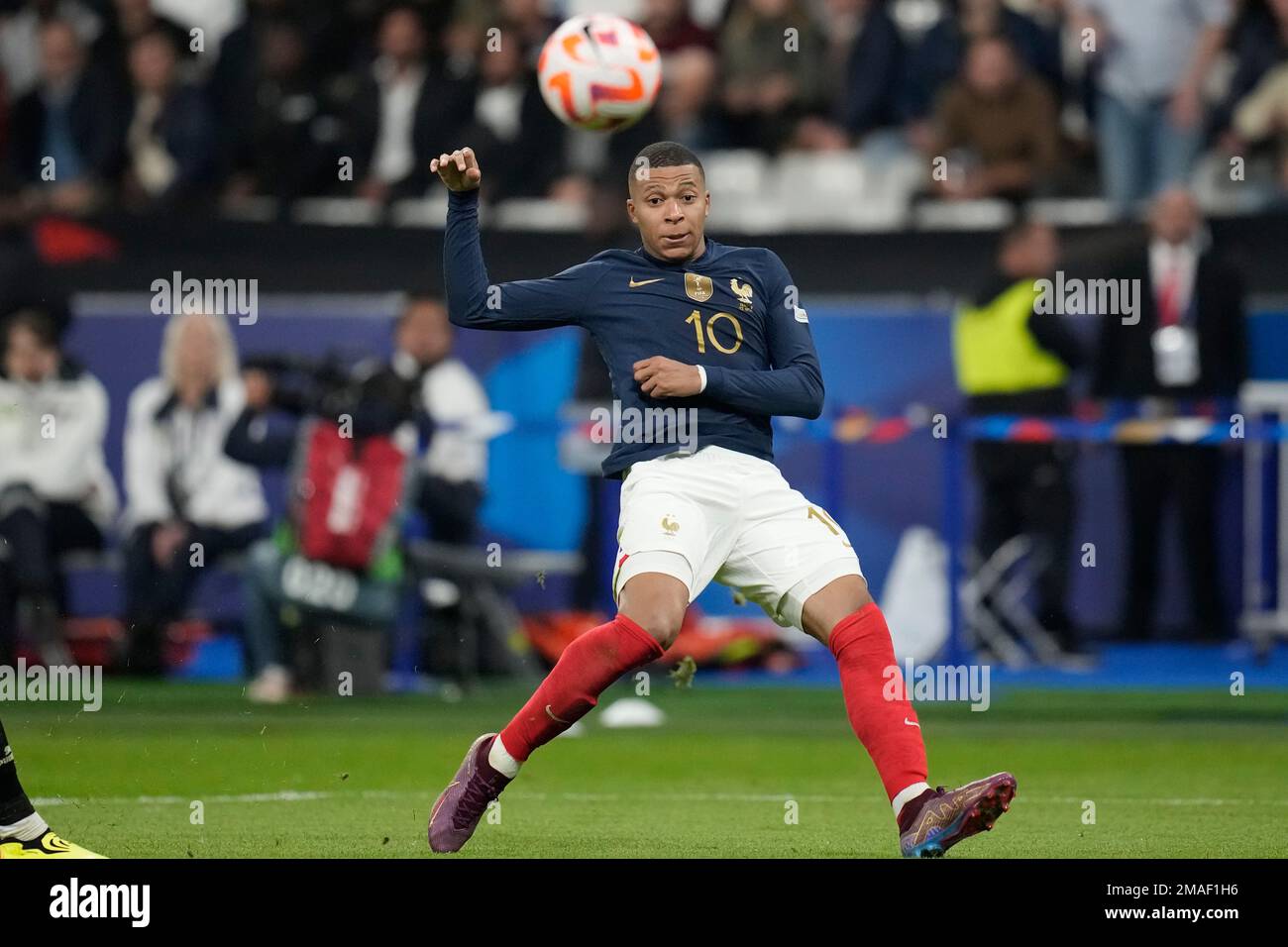 France's Kylian Mbappe shoots on goal during the UEFA Nations League ...