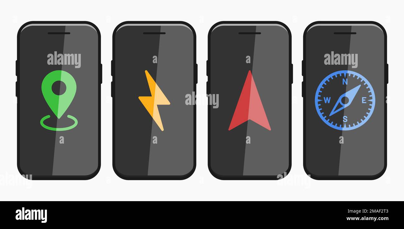smartphone navigation charged icon screen set vector flat illustration ...