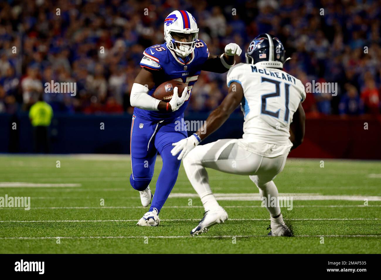 Buffalo Bills tight end Quintin Morris (85) attempts to run the ball ...