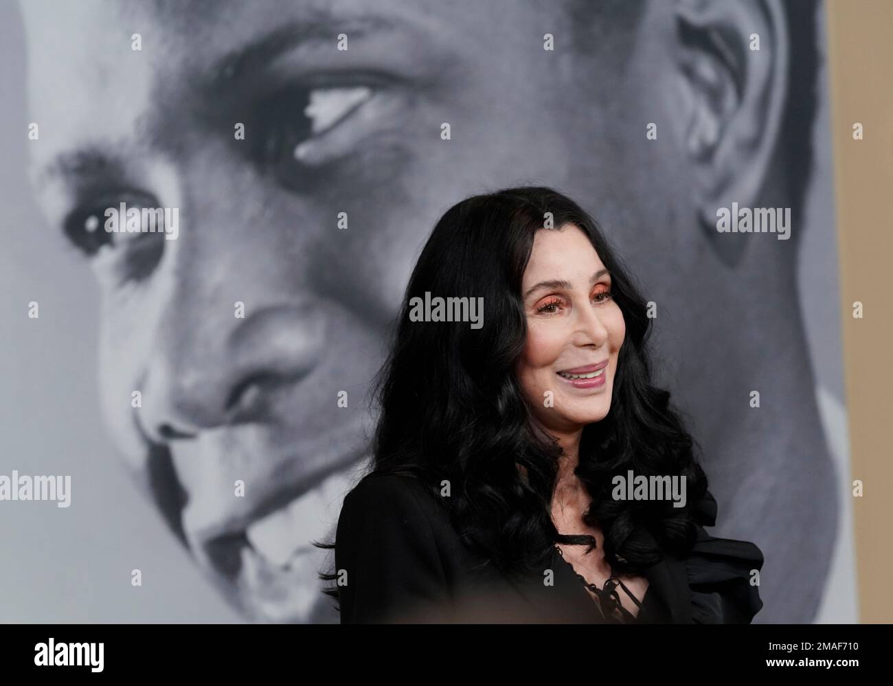 Cher is interviewed near a photo of the late actor Sidney Poitier at ...