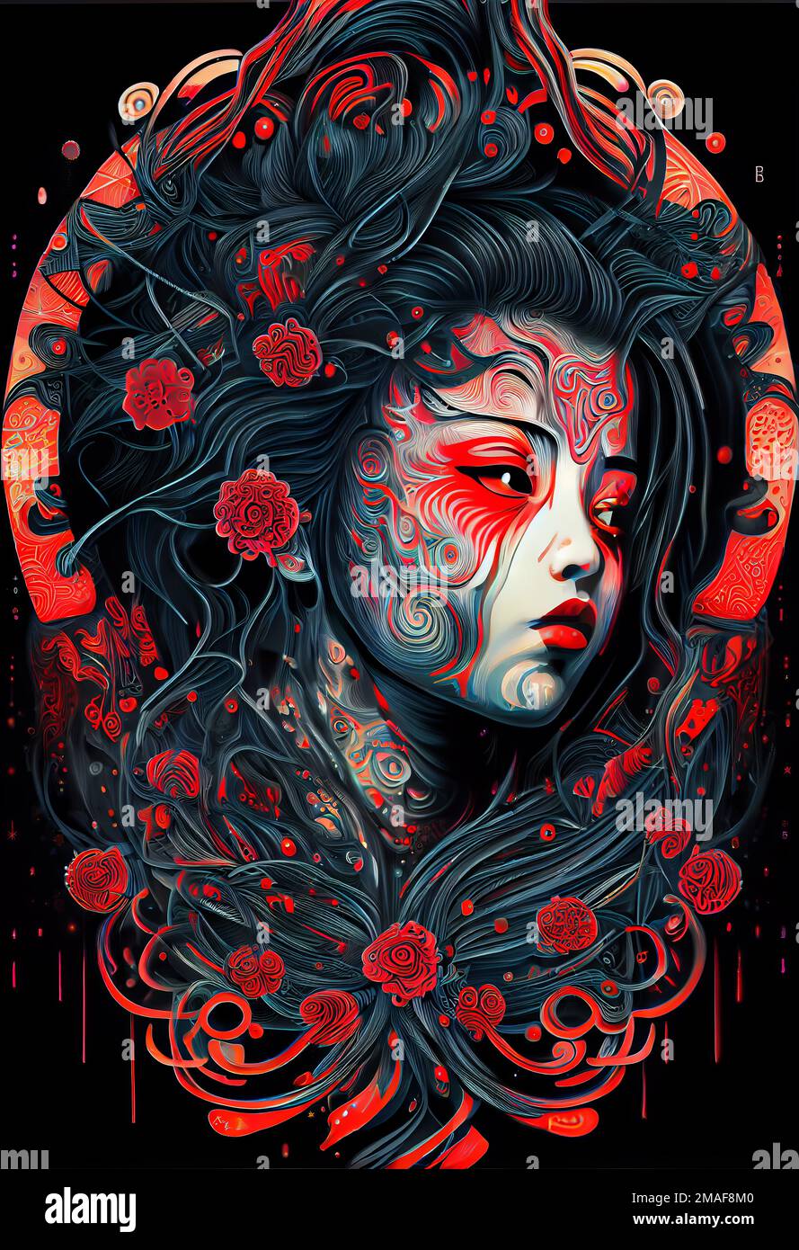 A vertical AI-generated illustration of a ninja geisha on a black background Stock Photo - Alamy