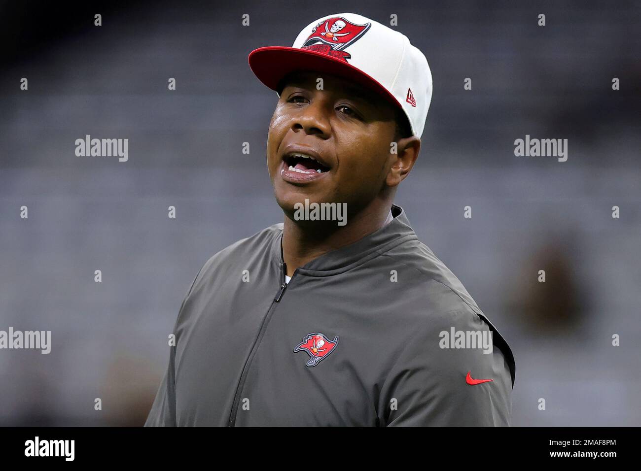 Tampa Bay Buccaneers offensive coordinator Byron Leftwich reacts before ...