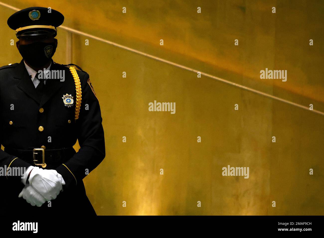 A security officer stands guard during the 77th session of the United ...