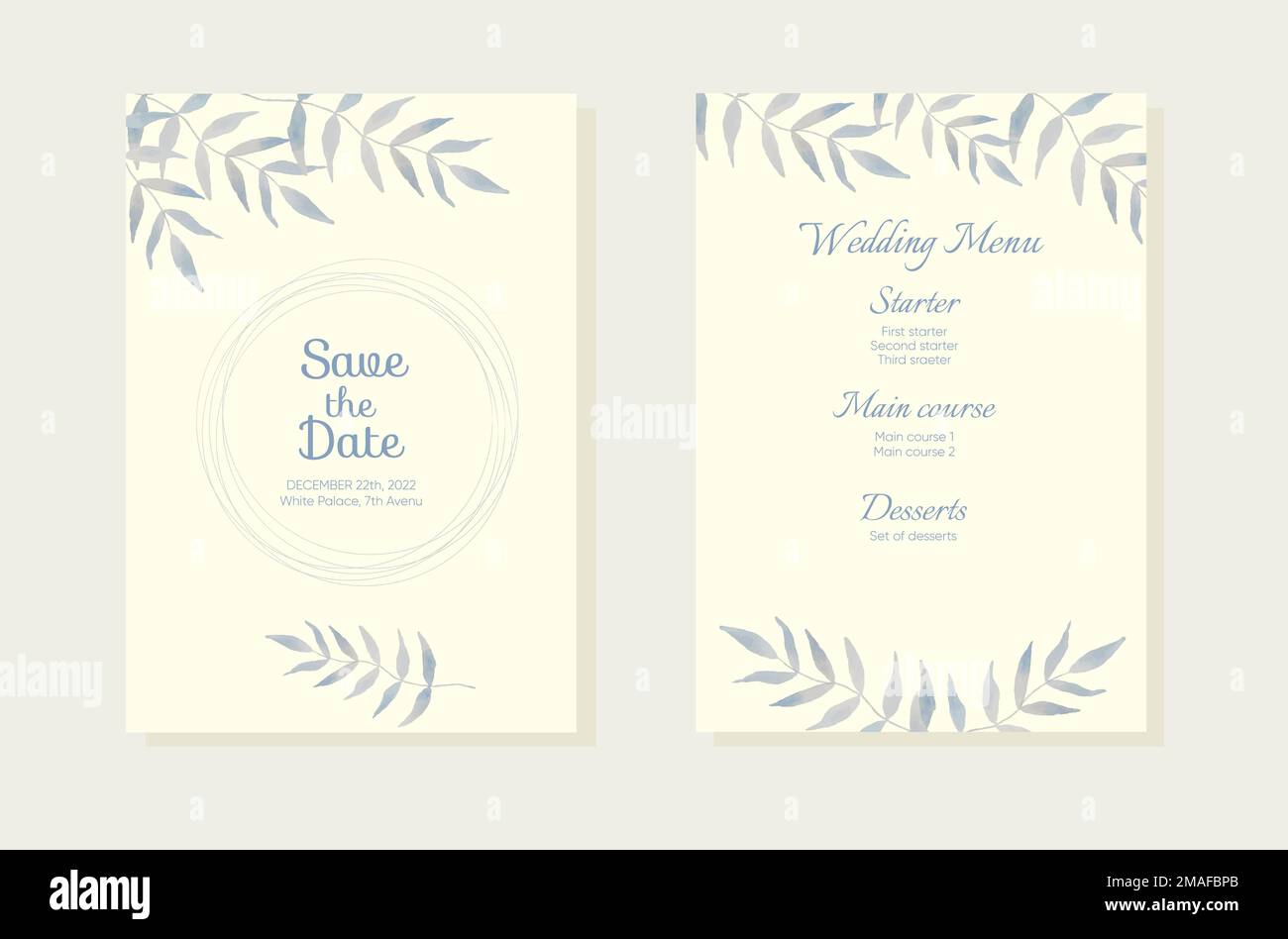 Wedding invitation card background with light blue watercolor botanical ...
