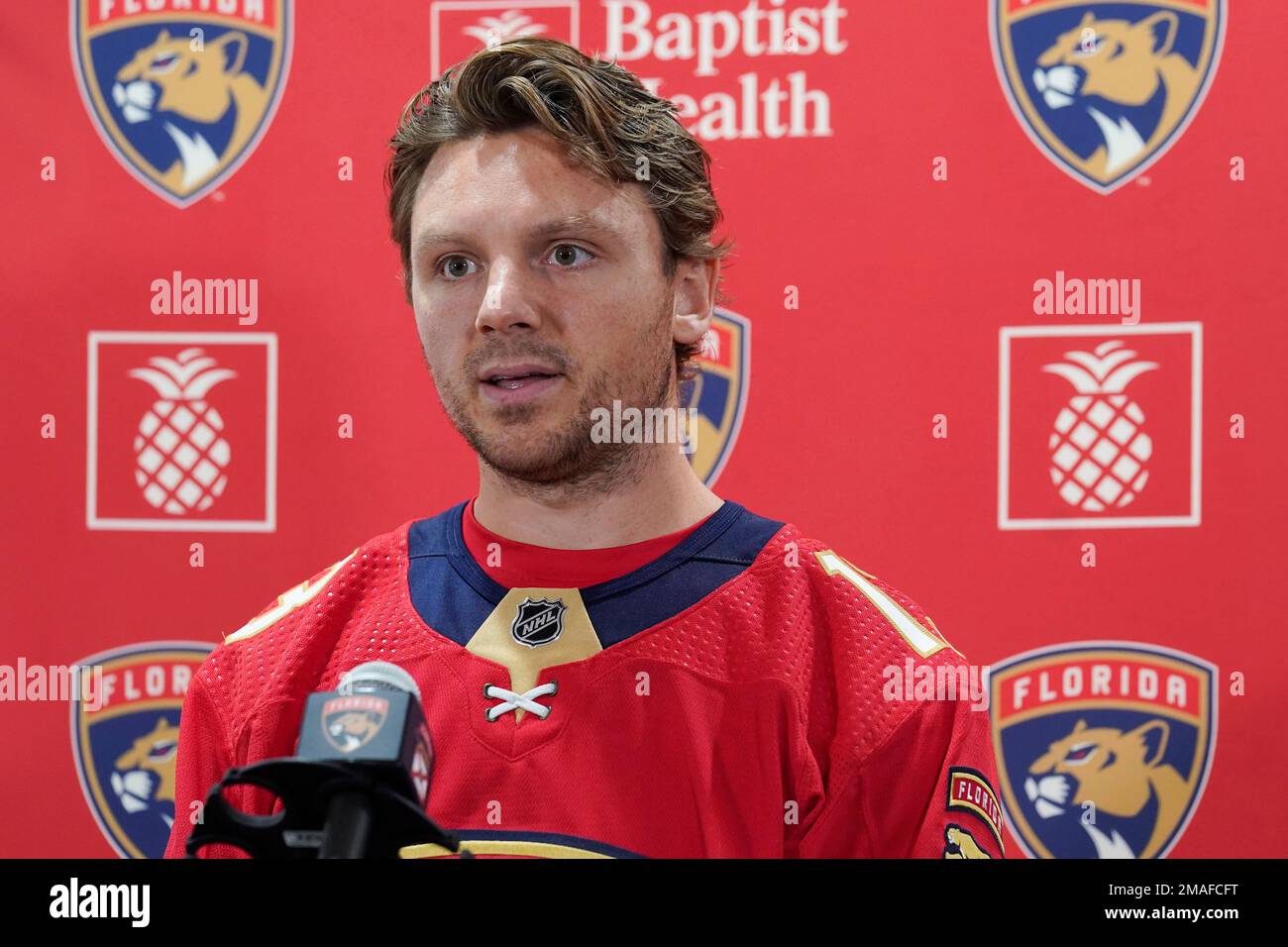 Florida Panthers forward Sam Reinhart speaks during the NHL hockey team ...