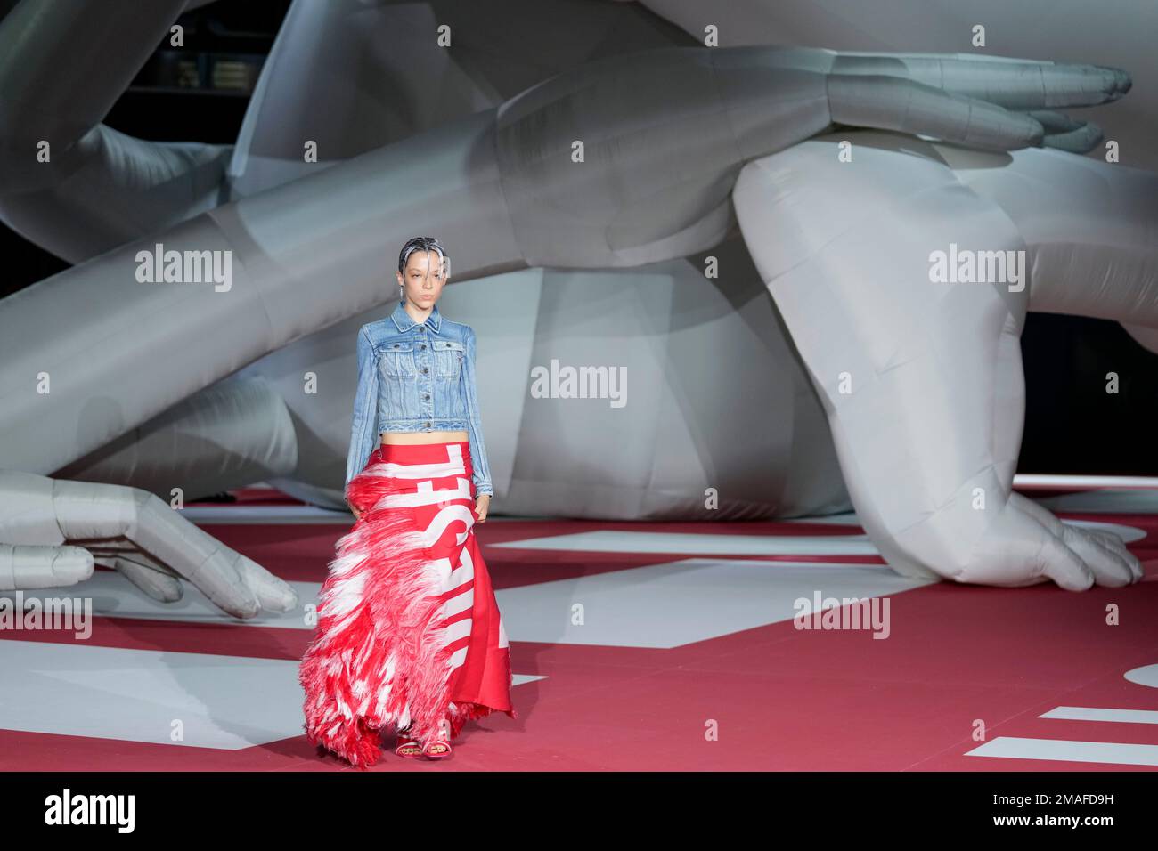 A model wears a creation as part of the Diesel women's Spring Summer ...