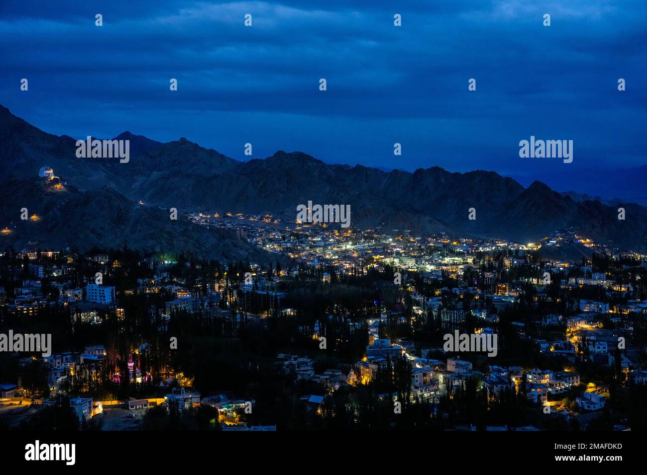 A night view of main town Leh in the cold desert region of Ladakh ...