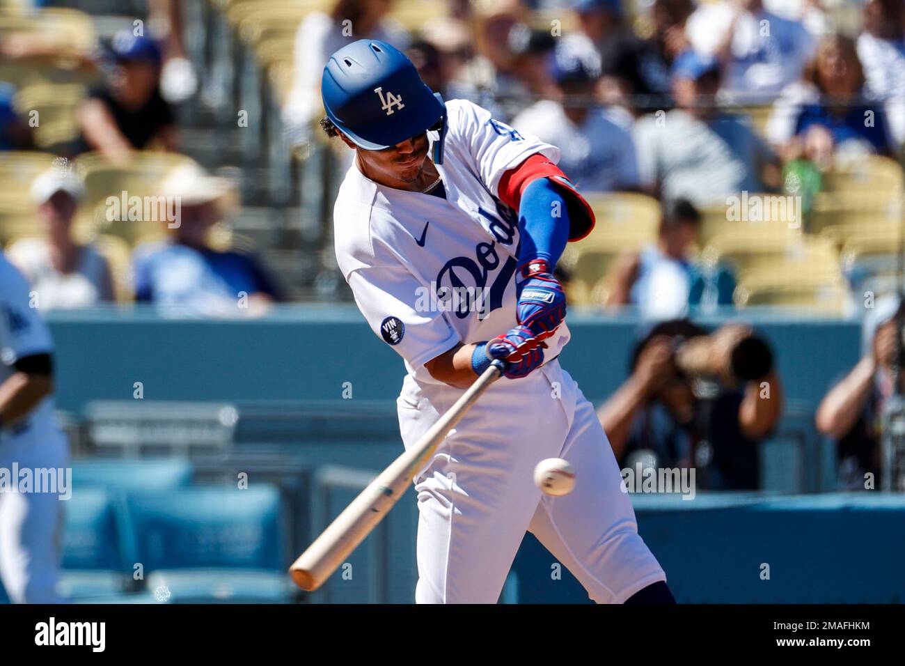 Los Angeles Dodgers' Miguel Vargas (71) swings at the ball against the ...