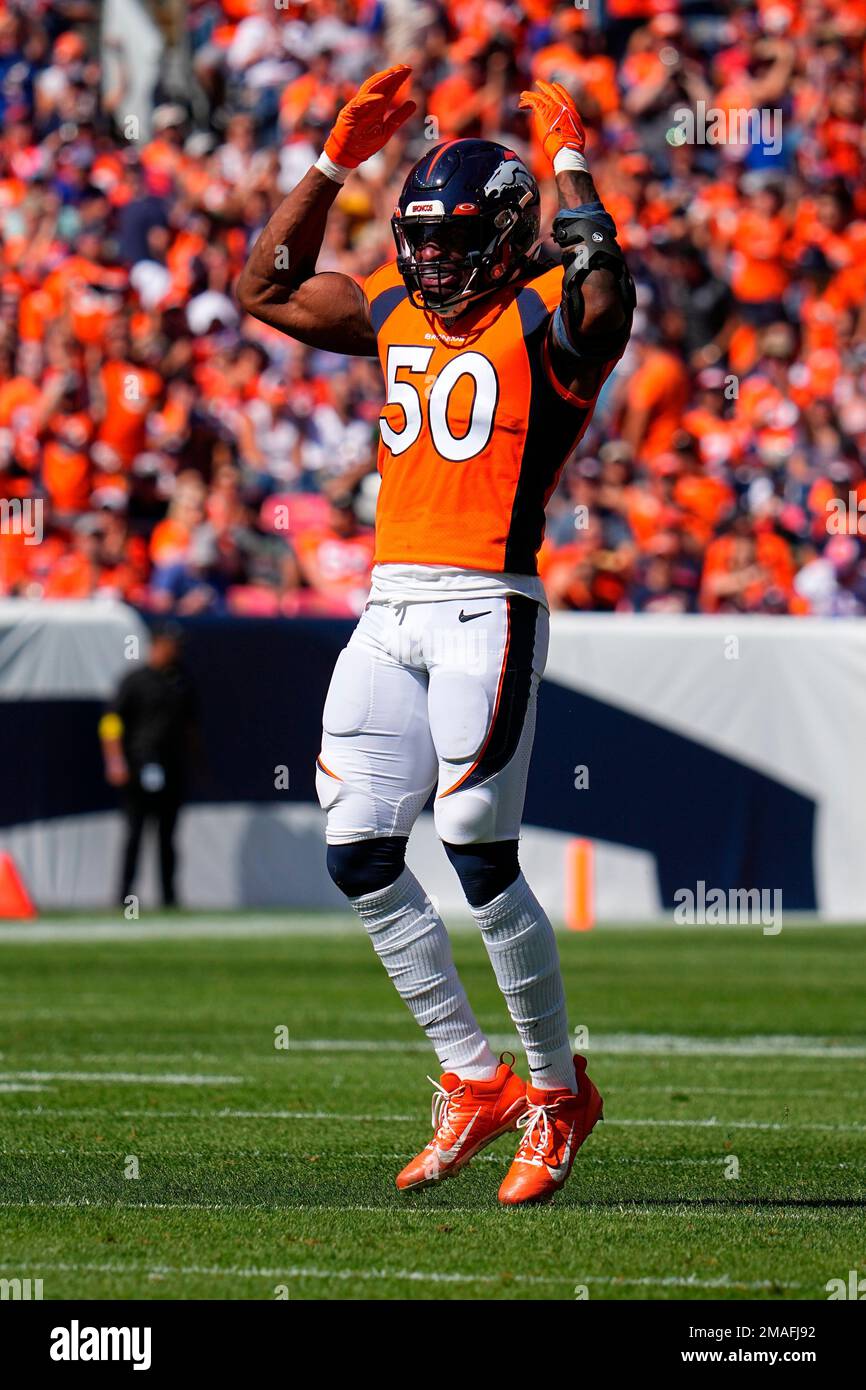 Denver Broncos linebacker Jonas Griffith (50) plays against the Houston ...