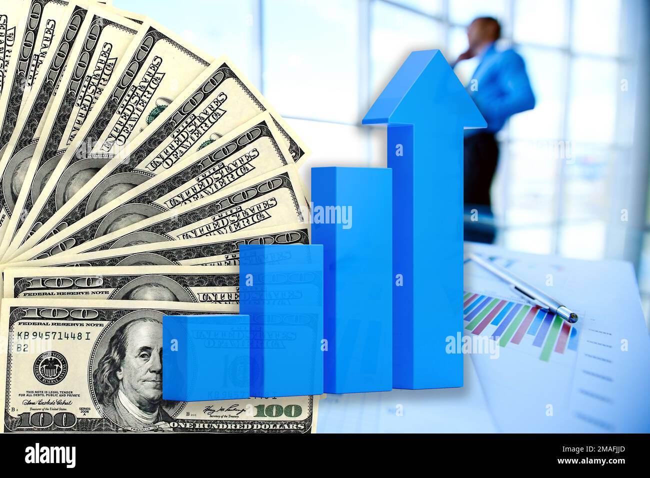 Economy chart: up arrow, cash dollar bills and executive man in ...