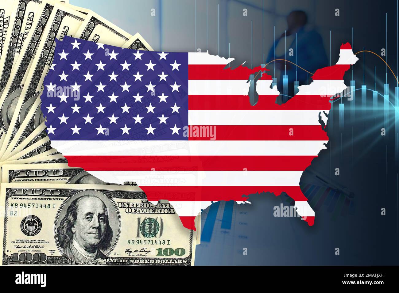 Economy chart: USA map and flag, cash dollar bills and executive man in ...