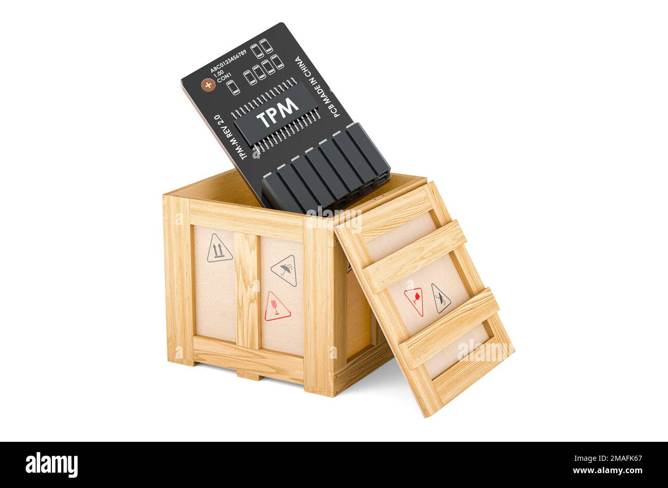 Trusted Platform Module, TPM inside wooden box, delivery concept. 3D ...