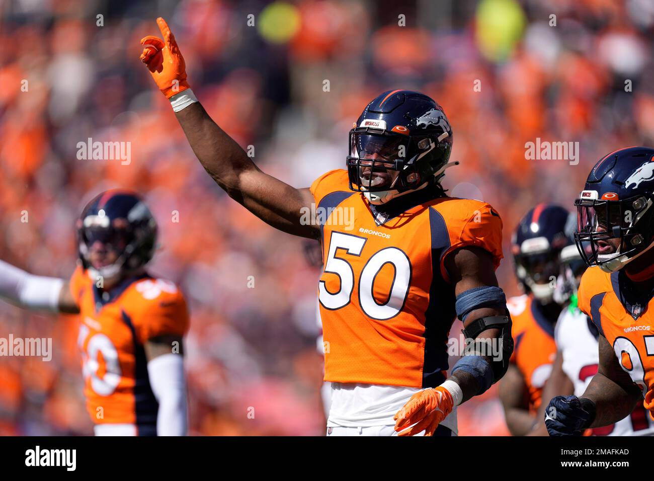 Denver Broncos linebacker Jonas Griffith (50) celebrates during an NFL ...