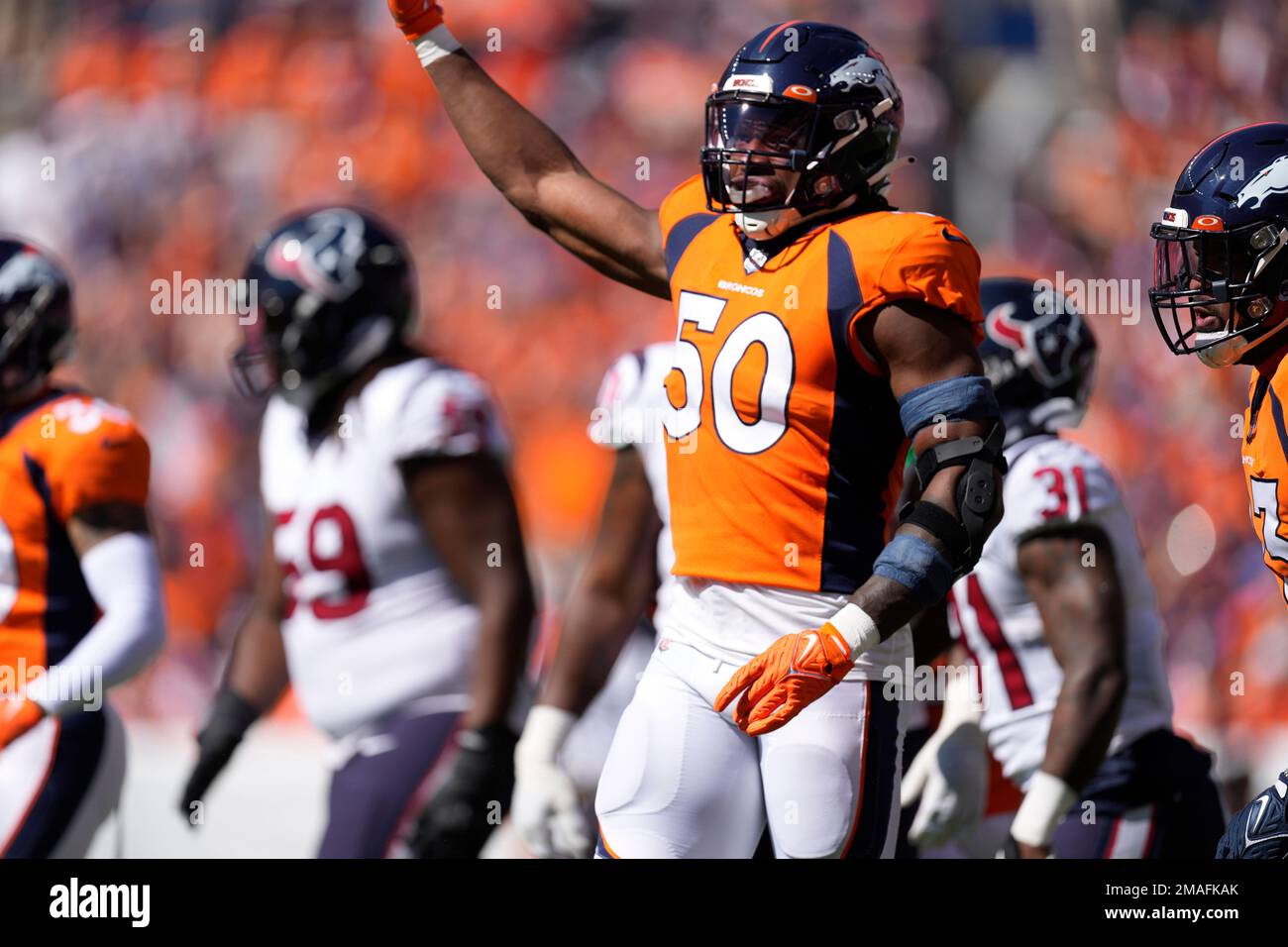 Denver Broncos linebacker Jonas Griffith (50) celebrates during an NFL ...