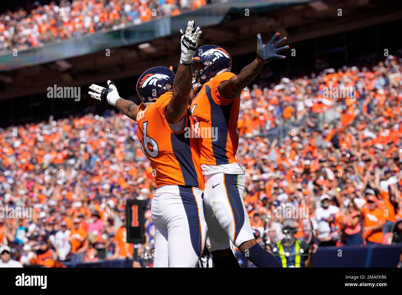 Denver Broncos guard Dalton Risner (66) celebratws with Denver Broncos ...