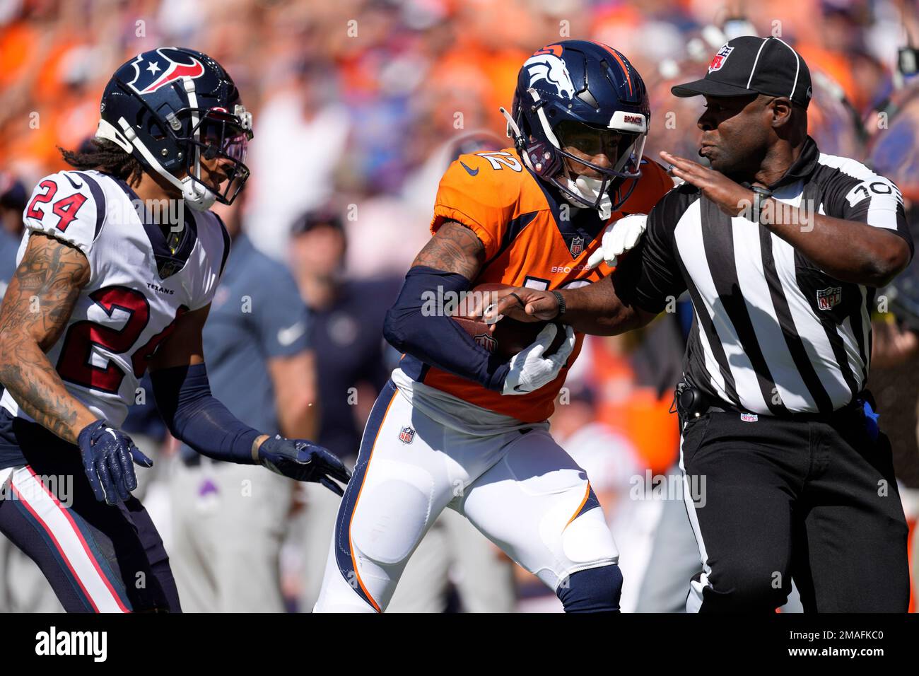 Houston Texans cornerback Derek Stingley Jr. (24) pursues Denver Broncos wide receiver Montrell ...