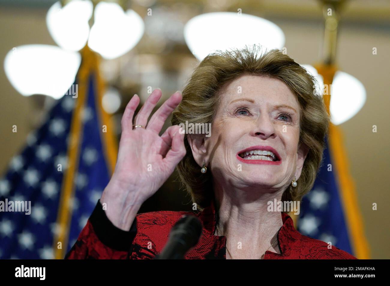 Sen. Debbie Stabenow, D-Mich., speaks during a news conference, Tuesday, Sept. 20, 2022, after a ...