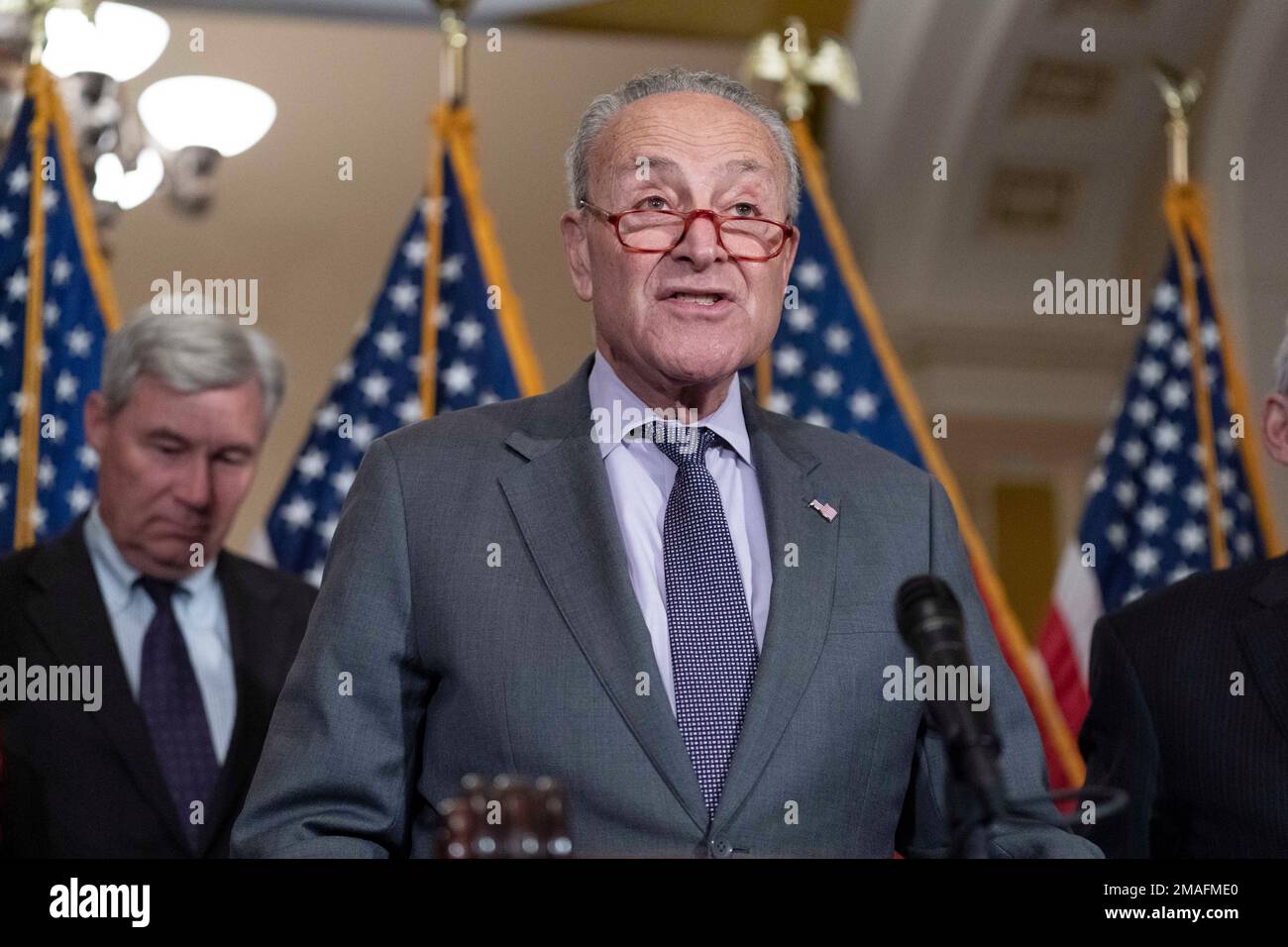 Senate Majority Leader Chuck Schumer, D-N.Y., speaks during a news ...