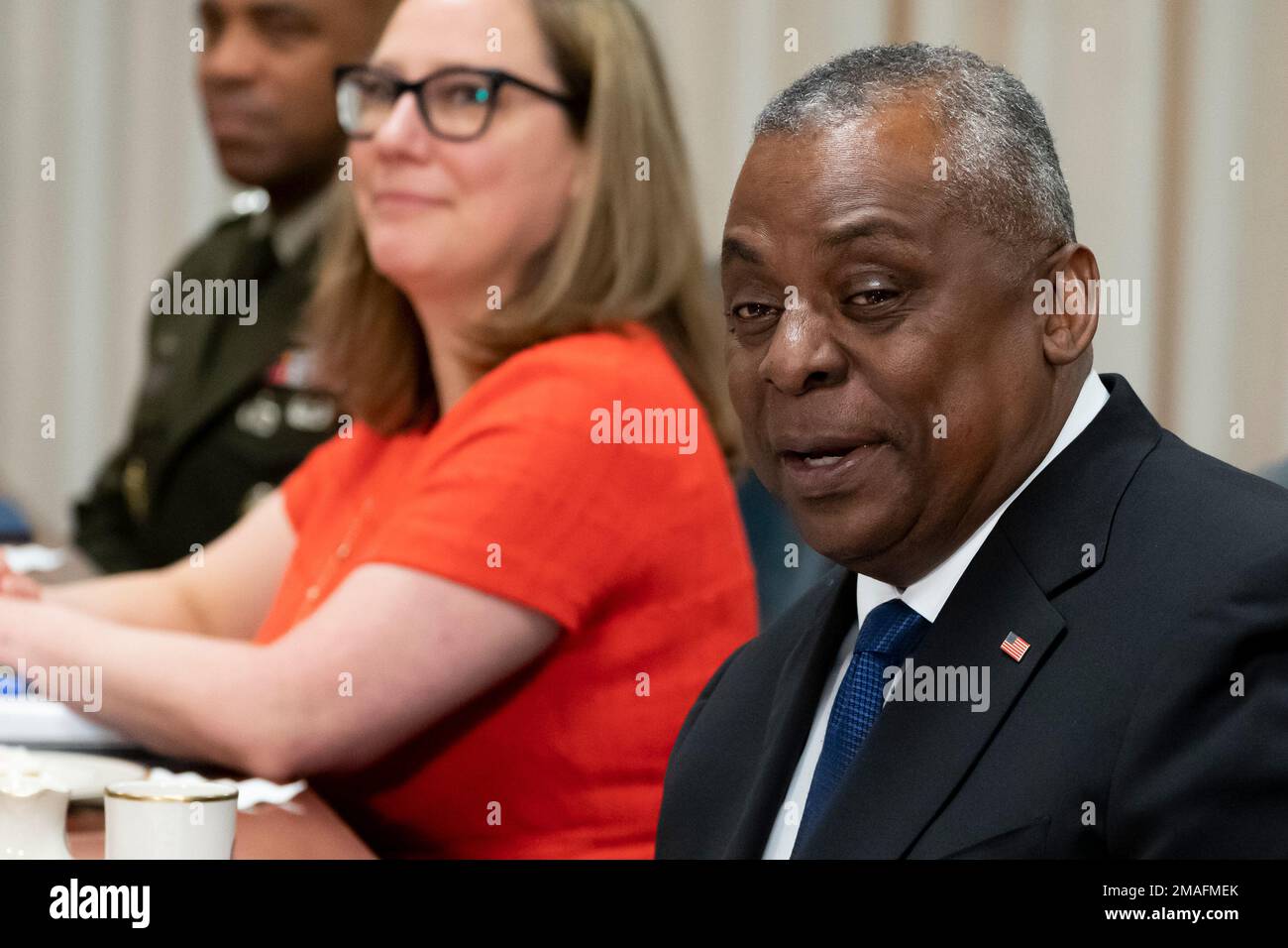 Secretary of Defense Lloyd Austin speaks during a meeting with Norway's ...