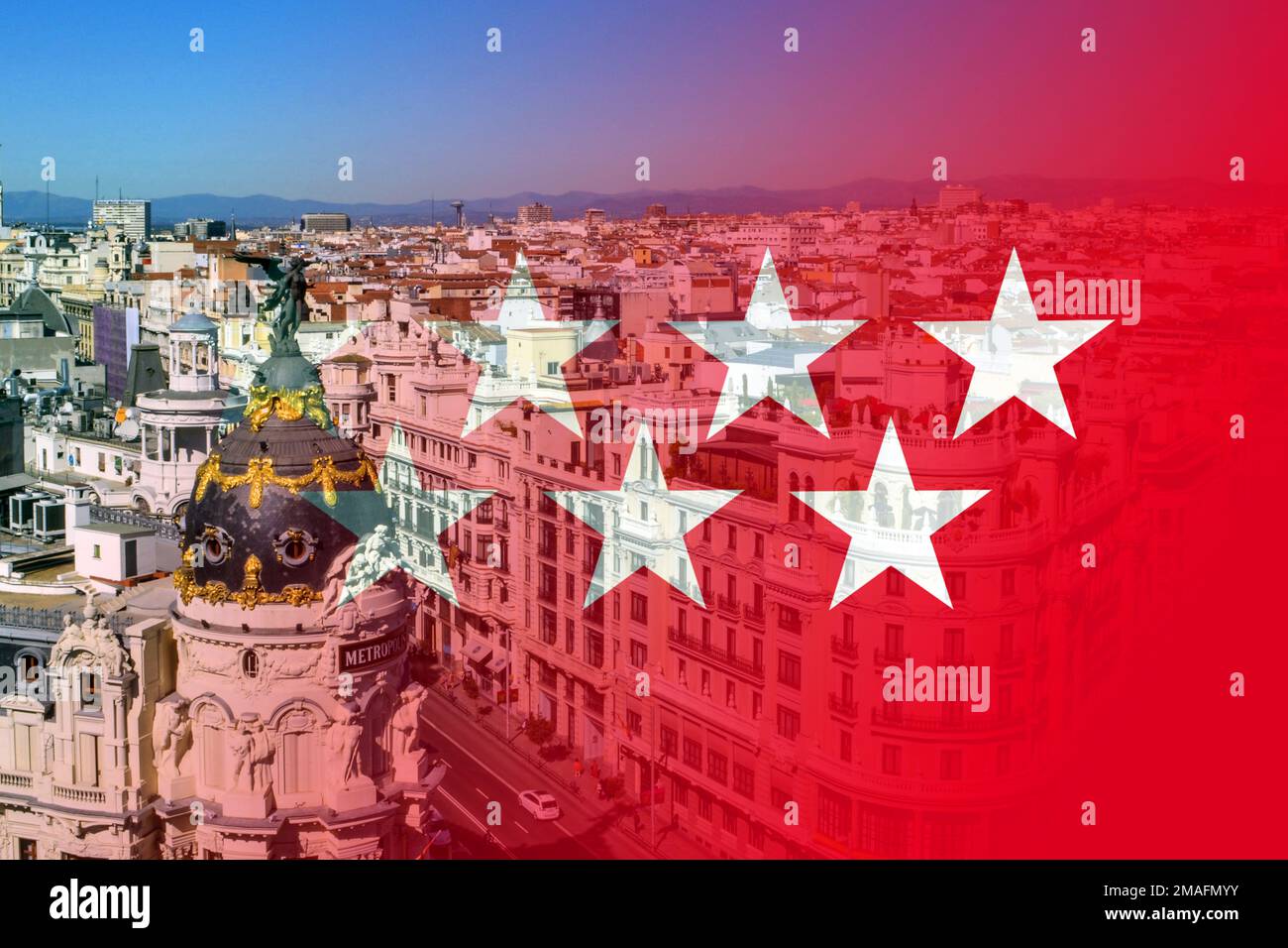 Flag of the Community of Madrid and panoramic view of the city. Madrid ...
