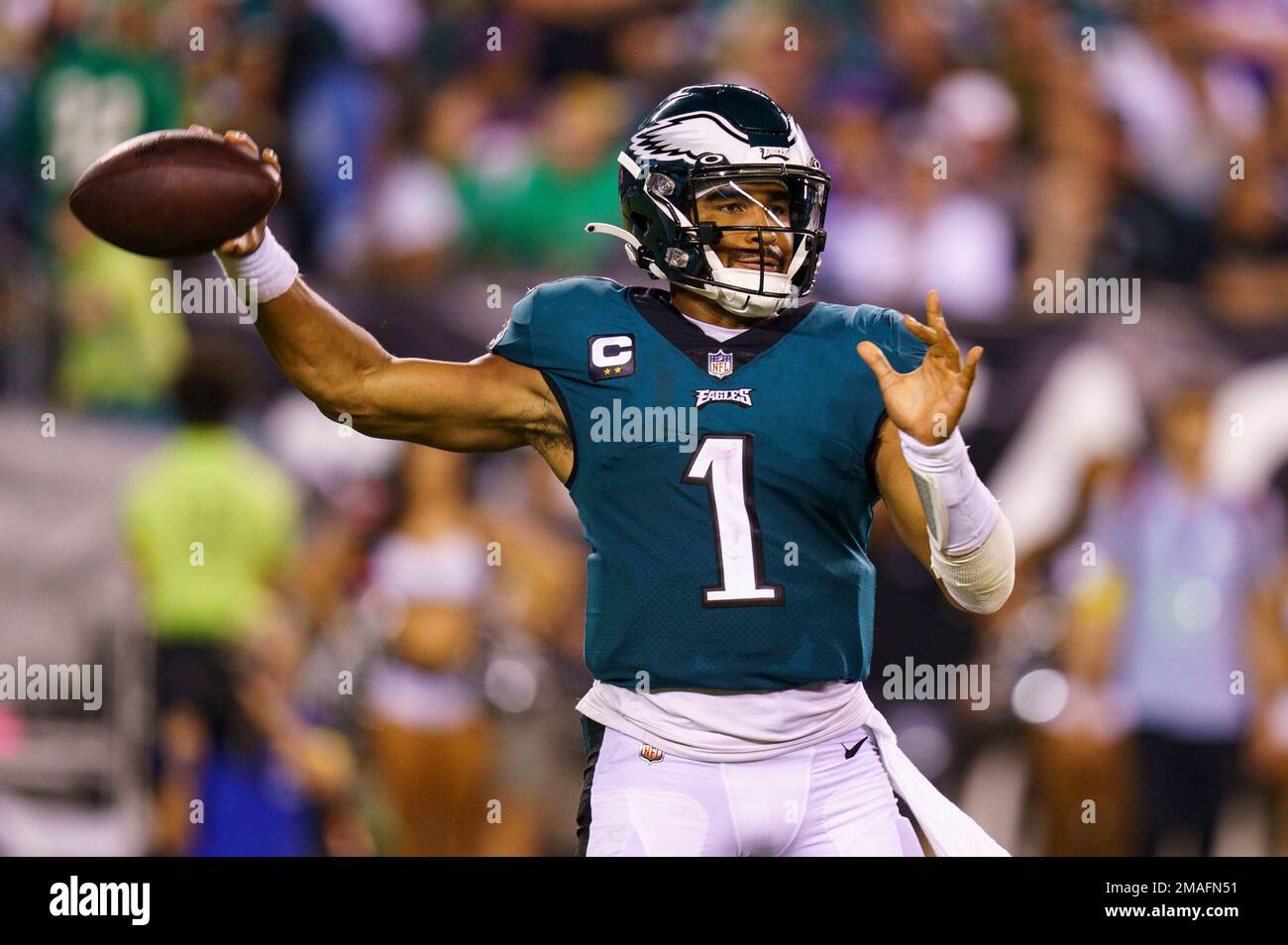 Philadelphia Eagles quarterbacks Jalen Hurts (1) in action during the NFL football game against ...