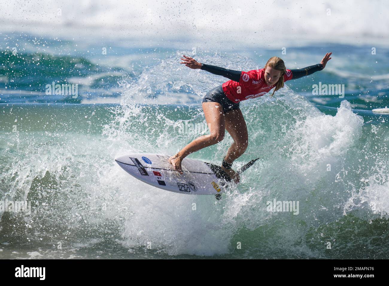 Tessa Thyssen, of France, competes during the ISA World Surfing Games ...