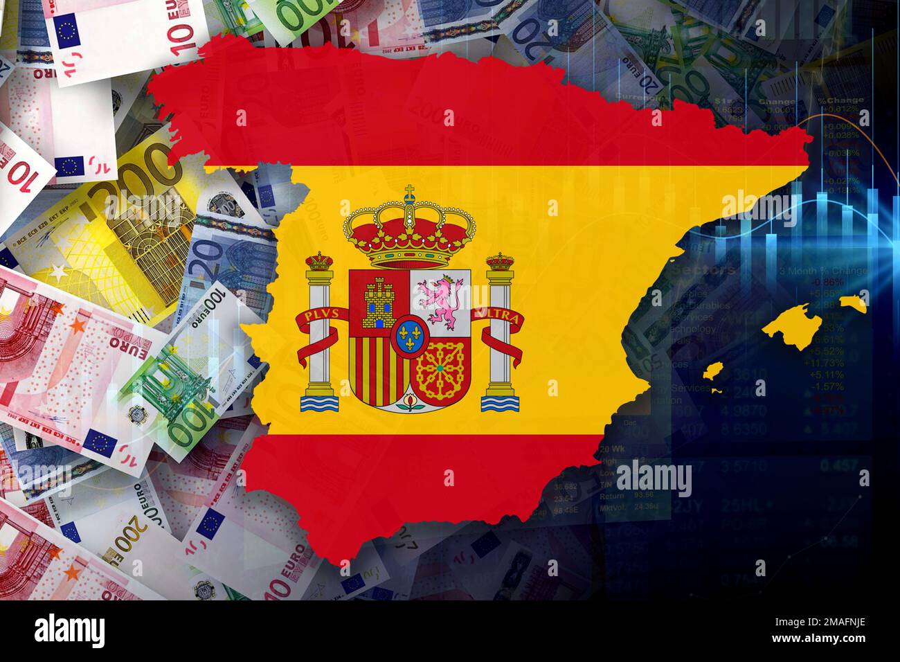 Spain map and flag, cash euro banknotes and stock market indicators ...