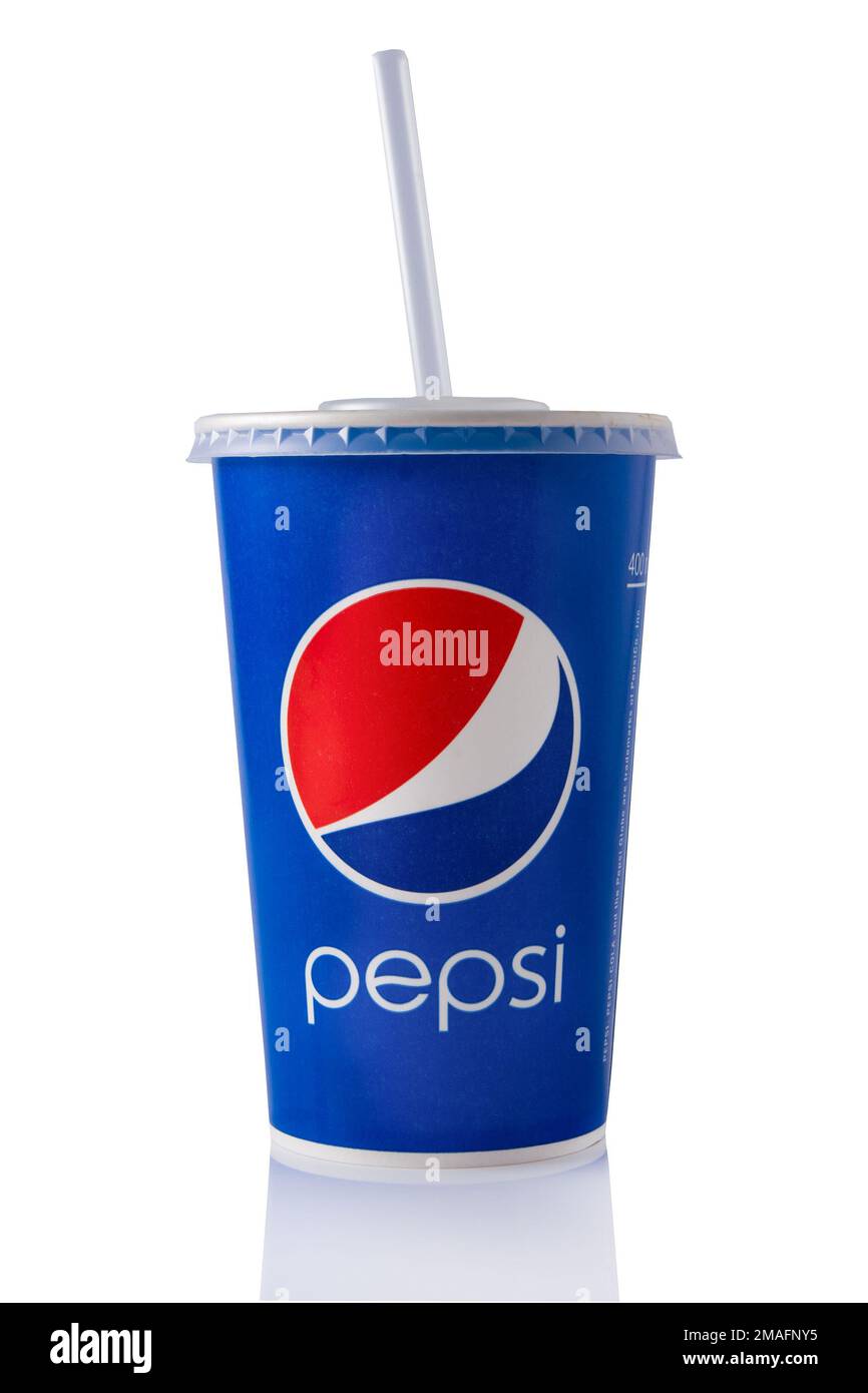 Blue paper glass with Pepsi Cola isolated on white background. Takeaway ...