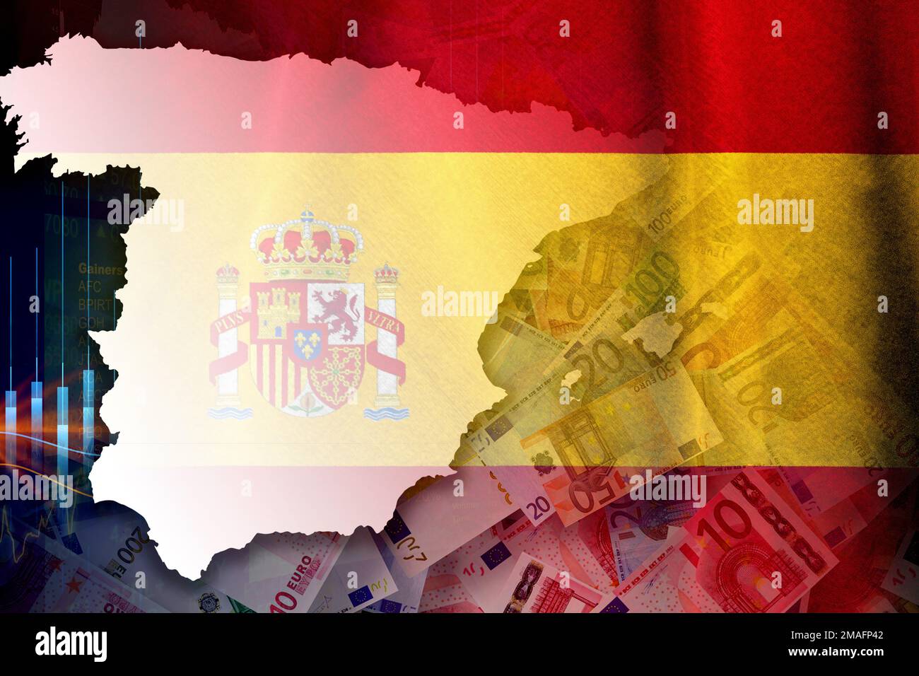 Spain map and flag, cash euro banknotes and stock market indicators ...