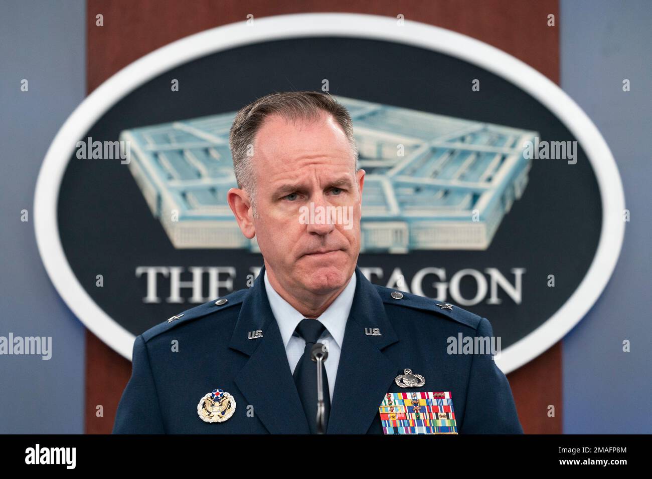 Pentagon spokesman U.S. Air Force Brig. Gen. Patrick Ryder pauses while speaking during a media ...